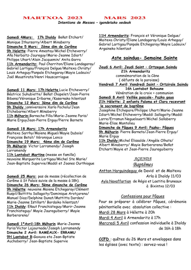 Horaires de Messes Mars 2023 - Mairie Helette
